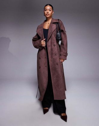 Aria Cove Trench-coat long en imitation daim à ceinture - Chocolat-Brown