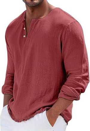 Generic Henley Chemise &agrave; manches longues en lin pour homme Polo &agrave; manches longues T-shirt d&eacute;t&eacute; boutonn&eacute; T-shirt de plage l&eacute;ger Ourlet ray&eacute; Manches longues Res