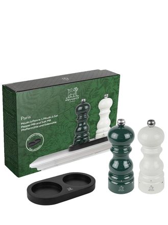 Peugeot Duo Paris Pfefferm&uuml;hle Waldgr&uuml;n + Salzm&uuml;hle Elfenbein 18 cm + Menage aus Bambus Mattschwarz - Kollektion Paris Rama - Klassisches Mahlwerk - PEFC-zert