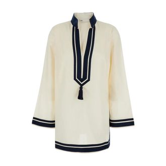 Tory Burch Kaftan mit Kontrastdetails und Quaste - - Blouses & Shirts - Damen - Wei&szlig; - L