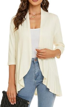 Generic Cardigan &agrave; volants pour femme, d&eacute;contract&eacute;, l&eacute;ger, ouvert sur le devant, cardigan doux drap&eacute; &agrave; manches 3/4, beige, 3XL