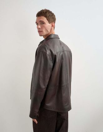 Topman surchemise coupe d&eacute;contract&eacute;e en cuir v&eacute;ritable marron chocolat