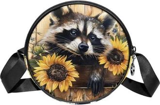 Generic Sac &agrave; bandouli&egrave;re rond pour femme, motif tournesol raton laveur, petit sac &agrave; bandouli&egrave;re avec fermeture &eacute;clair, bretelles r&eacute;glables, sac &agrave; main rond d