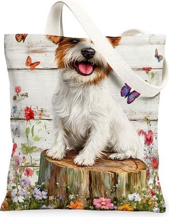 Generic Sac fourre-tout en toile motif chien Russell Terrier de printemps 33 x 38,1 cm, sac d&eacute;picerie r&eacute;utilisable pour femme, animal de compagnie, peinture, 