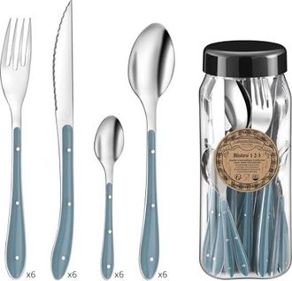 Amefa Besteck Bistro 1-2-3, Tafelbesteck für 6 Personen, 18/0 Edelstahl mit Kunststoffgriff in Trendfarbe, denimblau, 24-teilig