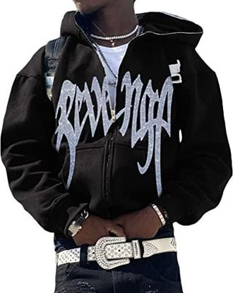 ORANDESIGNE Sweat à Capuche Homme Sweat-Shirt avec Fermeture Éclair Ample Imprimé Lettres Manche Longue Hip Hop Streetwear Zippée Veste à Capuche E-Girl Années 90