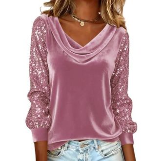 Generic Hauts en velours scintillant pour femmes, chemises &eacute;l&eacute;gantes &agrave; col b&eacute;nitier et manches longues, doux et confortable, d&eacute;contract&eacute;, v&ecirc;tements de luxe, r