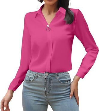 Generic Chemisier &agrave; manches longues pour le travail boutonn&eacute; - Chemisier en satin grande taille pour femme avec boutons et &eacute;paules droites - Chemisier drap&eacute; r