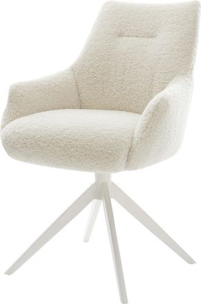 DELIFE Esszimmerstuhl Alja-Flex mit Armlehnen Kreuzgestell breit Wei&szlig; Teddystoff Beige 360&deg; drehbar Wippfunktion Taschenfederkern