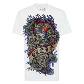 Philipp Plein Homme, Tops, Blanc, Taille: 2XL T-Shirt Col Rond Tattoo