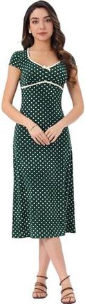 Allegra K Robe Mi-Longue &agrave; Pois pour Femme Jupe Trap&egrave;ze Classique &agrave; Col col en V et &agrave; Manches Courtes Robe D&eacute;contract&eacute;e D&Eacute;t&eacute; Vert fonc&eacute; XS