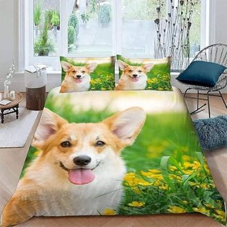 Generic Housse de Couette 220x240 Corgi Parure de Lit 2 Personnes Chien Mignon Imprim&eacute;e 3D Microfibre Literie Set 3 Pi&egrave;ces avec Housses Couettes et 2 Taies do