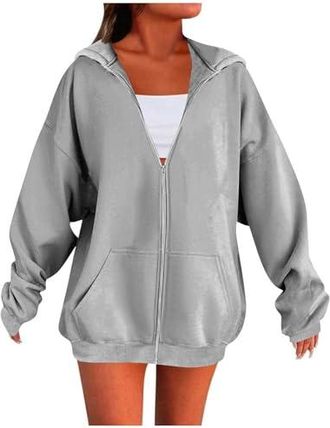 Generic Veste à capuche unie à fermeture éclair pour femme - Manches longues - Surdimensionnée - Tendance - Couleur unie - Avec poches - Vêtements de travail,