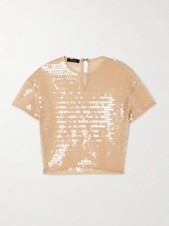 MUGLER Haut Raccourci En Tulle Stretch &Agrave; Sequins - Marron