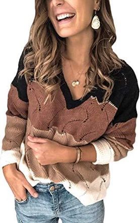ORANDESIGNE Pulls Femme Ray&eacute; Pull Sexy Tricot&eacute; &agrave; Col en V pour Automne Hiver &Eacute;pissure L&eacute;opard Chandail Haut en Tricot C Caf&eacute; L