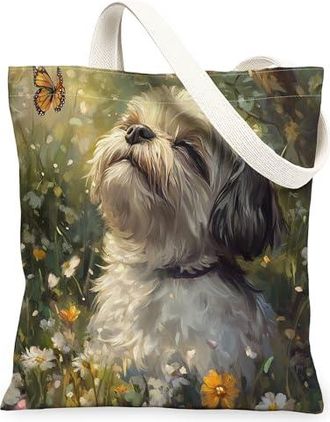 Generic Spring Shih Tzu Sac fourre-tout en toile pour faire du shopping 33 x 38,1 cm, sac d&eacute;picerie r&eacute;utilisable pour femme, motif animal de compagnie, d&eacute;cora
