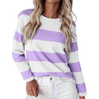 Generic Haut rayé à manches longues et col rond pour femme - Léger - Coupe ample - Pull classique, Z05-violet, XXL