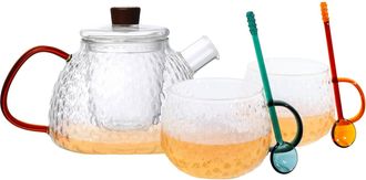 Point-Virgule Teekanne Set mit Filter, 2 Tassen und L&ouml;ffeln aus Borosilikatglas