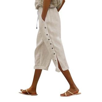 Generic Petite Robe Pantalon Femme Lin Uni Couleur Coton &Eacute;lastique pour Plage Casual, beige, XXL