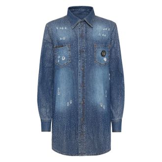 Philipp Plein Femme, Blouses et Chemises, Bleu, Taille: 38 FR Denim Shirt Strass