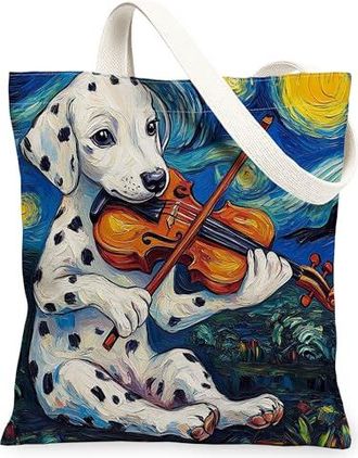 Generic Sac fourre-tout en toile pour faire du shopping, motif chien dalmatien, 33 x 38,1 cm, motif violon nocturne &eacute;toil&eacute;, sac d&eacute;picerie r&eacute;utilisable pour fe