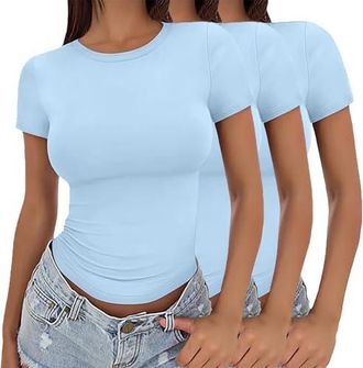 Generic Lot de 3 t-shirts &agrave; manches courtes pour femme - Maillot de corps basique court - T-shirts d&eacute;t&eacute; Y2K - Couleur unie - Coupe ajust&eacute;e - Pour adolescentes