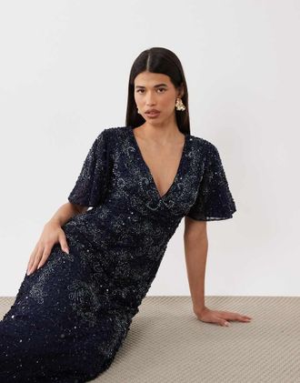 Beauut Robe cache-coeur longue ornement&eacute;e &agrave; col V et manches &eacute;vas&eacute;es - Bleu marine