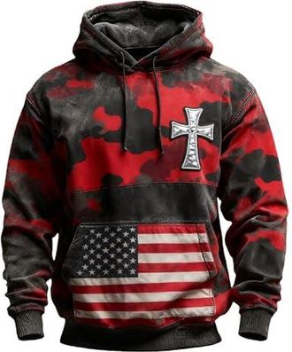 Generic Manteau à capuche moelleux pour homme en polaire - Style décontracté - Drapeau américain - À manches longues - Style rétro - Cadeau de Noël, rouge pas