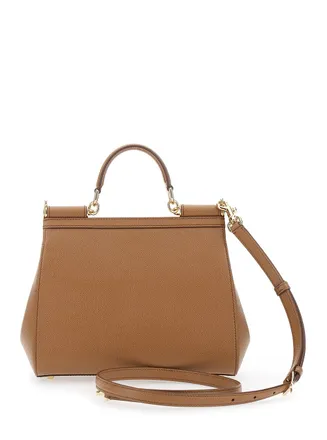 Dolce & Gabbana Womens Handbag My Sicily Grained Brown Leather Cotton Handbags Hand Bags