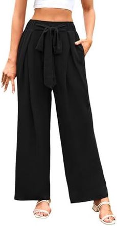 Generic Pantalon en coton et lin pour femme - Jambe large - Pantalon de plage d&eacute;t&eacute; pour femme - Confortable - Pantalon de yoga Palazzo XIYU26070, Noir, XS