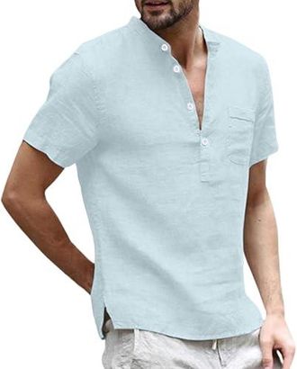 Generic Chemise d&eacute;t&eacute; boutonn&eacute;e en lin pour homme - Chemise d&eacute;t&eacute; en coton et lin - Chemise de plage l&eacute;g&egrave;re - &Eacute;l&eacute;gante chemise de vacances - Chemise &agrave; manches l