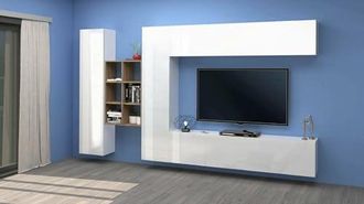 Dmora Ausgestattete Wand Danilo, 4-t&uuml;riges TV-St&auml;nder-Wohnzimmerset, Mehrzweck-Wohnzimmerm&ouml;bel, 100% Made in Italy, 280 x 30 x 180 cm, gl&auml;nzendes Wei&szlig; und A