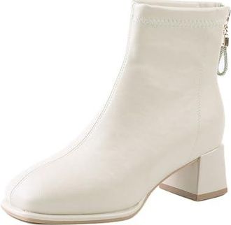 Generic Bottines Chelsea courtes à talons carrés pour femme avec fermeture éclair dans le dos et bout carré, blanc, 37 EU