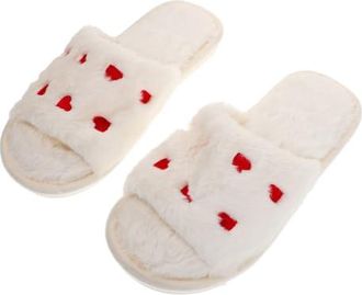 Valiclud Pantoufles Femmes Bout Ouvert Peluche Blanche Semelle Antidérapante Design Respirant avec Motif Coeur Confortables pour Intérieur Maison