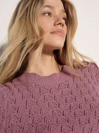 Apricot Strickpullover Pointellestrick mit Wellenkante mit H&auml;kelverzierung