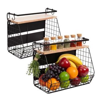 Relaxdays Obstkorb Wandregal 2er Set, K&uuml;chenorganizer magnetisch, HBT: 30x35,5x21 cm, Gitterkorb Metall, schwarz/Natur