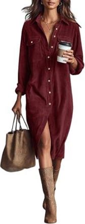 Minetom Robe Chemise en Velours C&ocirc;tel&eacute; Femme Automne Hiver D&eacute;contract&eacute;e Manches Longues Robes avec Boutons Poches A Rouge L