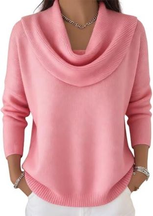 Generic Pull &agrave; col b&eacute;nitier pour femme, col b&eacute;nitier tendance, manches longues, v&ecirc;tements dautomne et dhiver, hauts en tricot, d&eacute;contract&eacute;, pull ample, rose, 