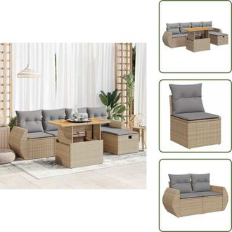 vidaXL The Living Store - vidaXL 6-tlg. Garten-Sofagarnitur mit Kissen Beige Poly Rattan Akazie
