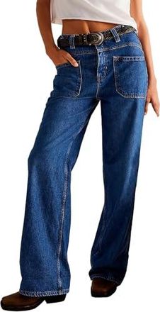 Generic Jean cargo ample pour femme, coupe décontractée, coupe droite, taille haute, pantalon de travail à enfiler, bouton avec fermeture éclair, pantalon de 