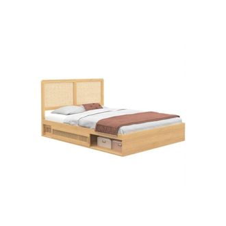 IDMarket Idmarket - Lit double avec rangements - T&ecirc;te de lit cannage - Sommier 140 x 190 cm - Coloris bois - Dimensions 198 x 145 x 100 cm