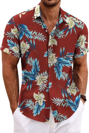 Coofandy Hemd Herren Kurzarm Leichtes Sommer Hawaiihemd Urlaub Strand Freizeithemd Rot Flower XXL