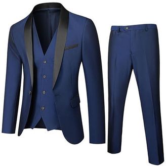 Generic Veste ch&acirc;le &agrave; un bouton pour homme, gilet et pantalon, 3 pi&egrave;ces, coupe ajust&eacute;e, costume classique, d&icirc;ner, bal, f&ecirc;te, mariage Tux, bleu, 3XL