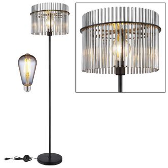 Globo Lighting Stehlampe Retro Stehleuchte rauch Glasst&auml;be Wohnzimmerlampe schwarz Vintage Schlafzimmerleuchte, Metall, 1x LED 7W 720Lm warmwei&szlig;, DxH 38 x 152 cm