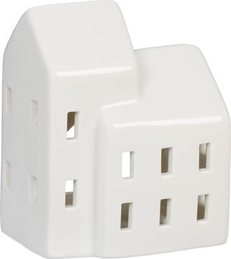 Relaxdays Teelichthaus Keramik, Leuchthäuschen für 1 Teelicht, H x B x T: 9,5 x 7,5 x 6 cm, Teelichthalter Haus, weiß