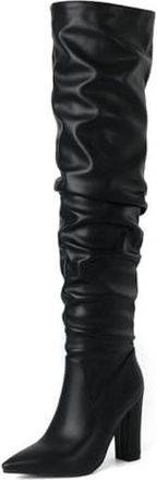 Generic Bottes d&eacute;quitation &agrave; talon haut pliss&eacute;es pour femme - &Agrave; enfiler au-dessus du genou - Bout pointu, Noir, 37.5 EU