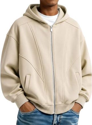 Generic Sweat &agrave; capuche &agrave; manches longues pour homme avec imprim&eacute; g&eacute;om&eacute;trique et fermeture &eacute;clair style r&eacute;tro d&eacute;contract&eacute;, beige, XXL
