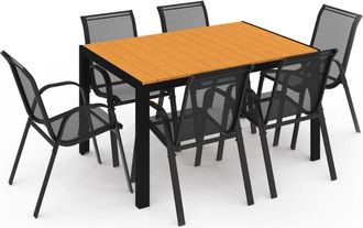 IDMarket Gartenm&ouml;bel poly Tisch 150 cm und 6 stapelbare St&uuml;hle Holz und Schwarz