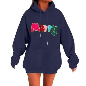 Generic Sweat à capuche décontracté « Merry Christmas » pour femme, lettres de Noël imprimées, grande taille pour femmes, chandail ample, pull de Noël plus co