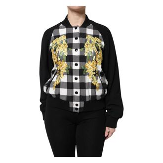 Dolce & Gabbana Femme, Vestes, Multicolore, Taille: 40 FR Veste à Carreaux Noirs et Blancs à Fleurs Boutonnée